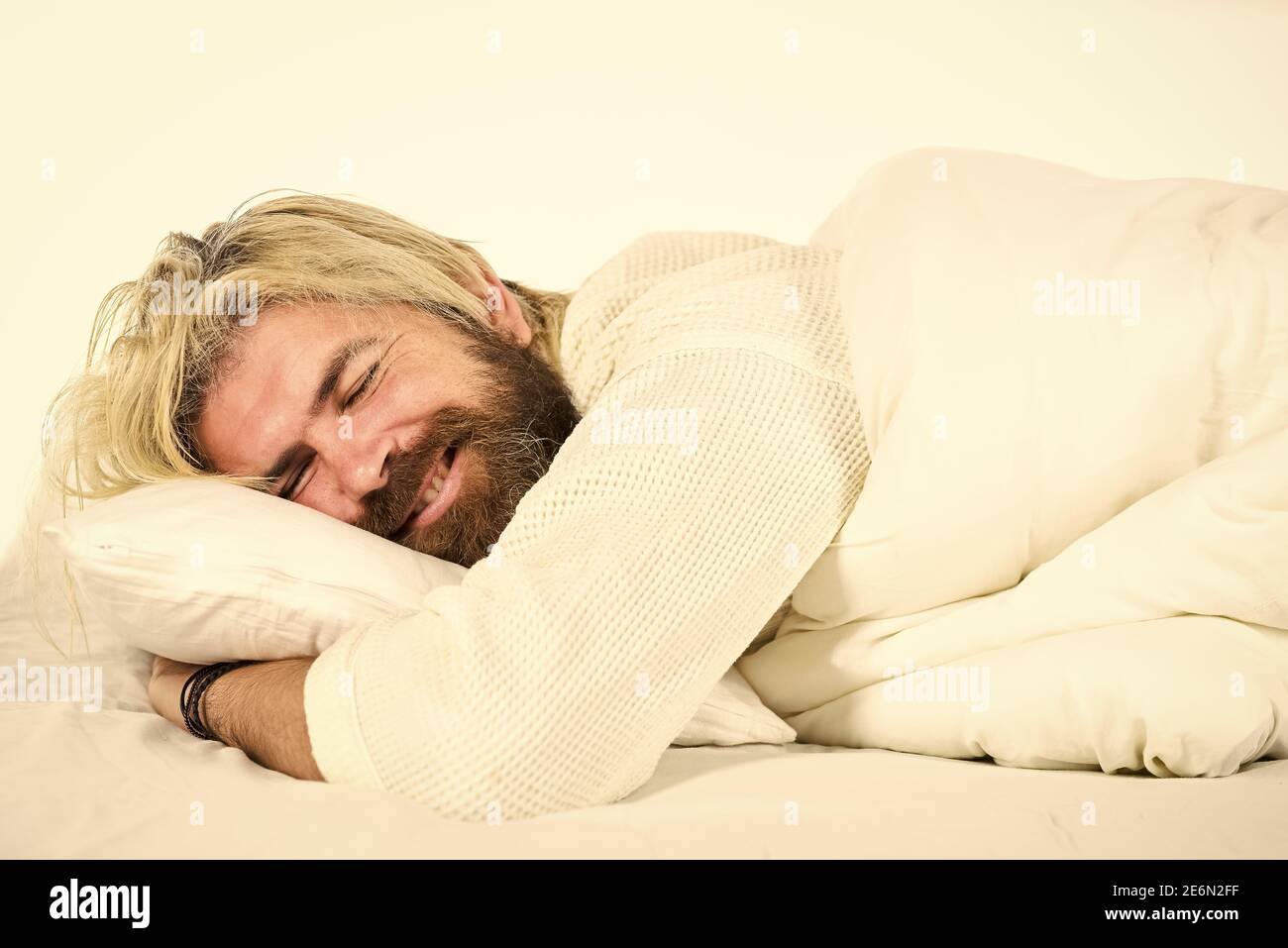 Mental health. Practice relaxing bedtime ritual. Man with sleepy face ...