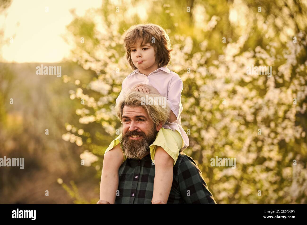 Nice to see you. spring time together. little boy feel happy with dad ...