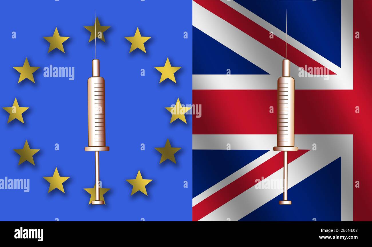 Covid vaccine syringes over United Kingdom and European Union flags ...