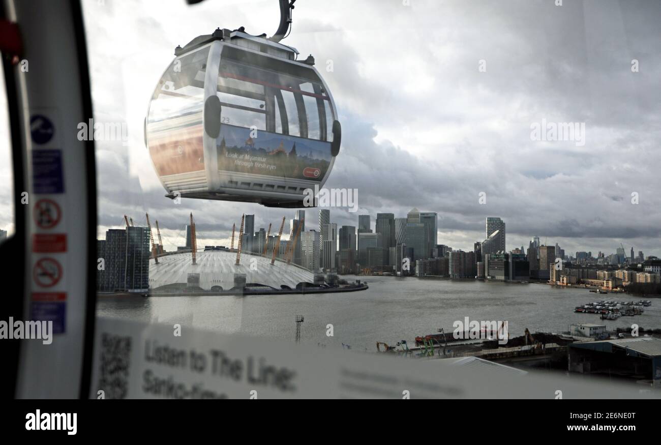A view, showing the O2 and the Canary Wharf area, from a capsule on the ...