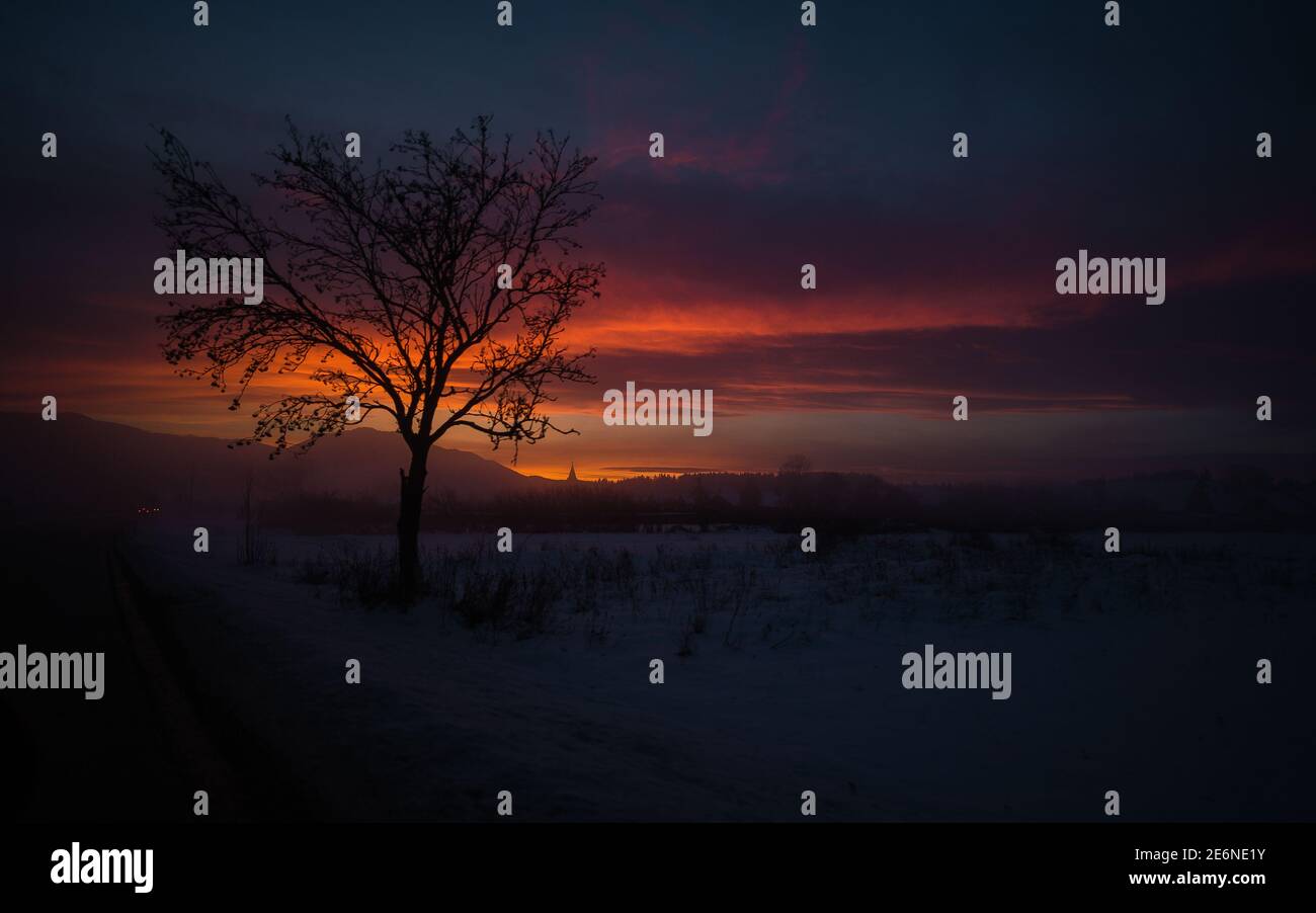 Red misty landscape panorama in mountains. Fantastic dreamy sunrise on ...