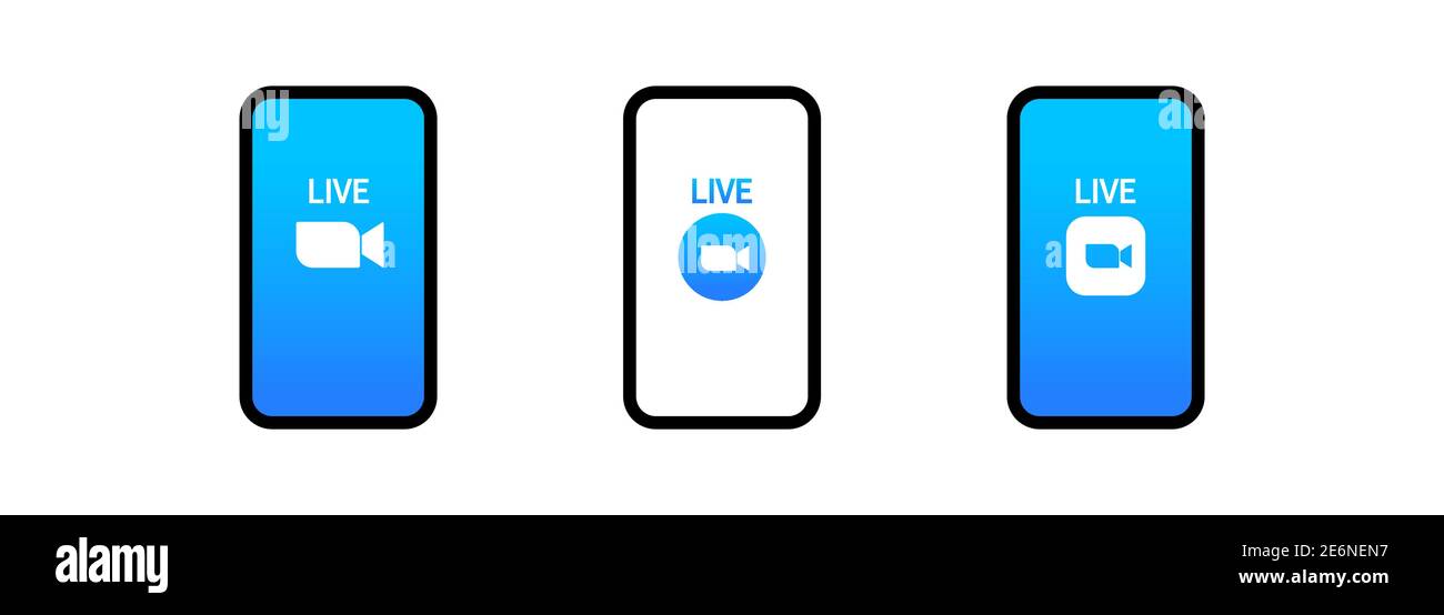 Blue camera icon set. Conference video calls. Live media streaming ...