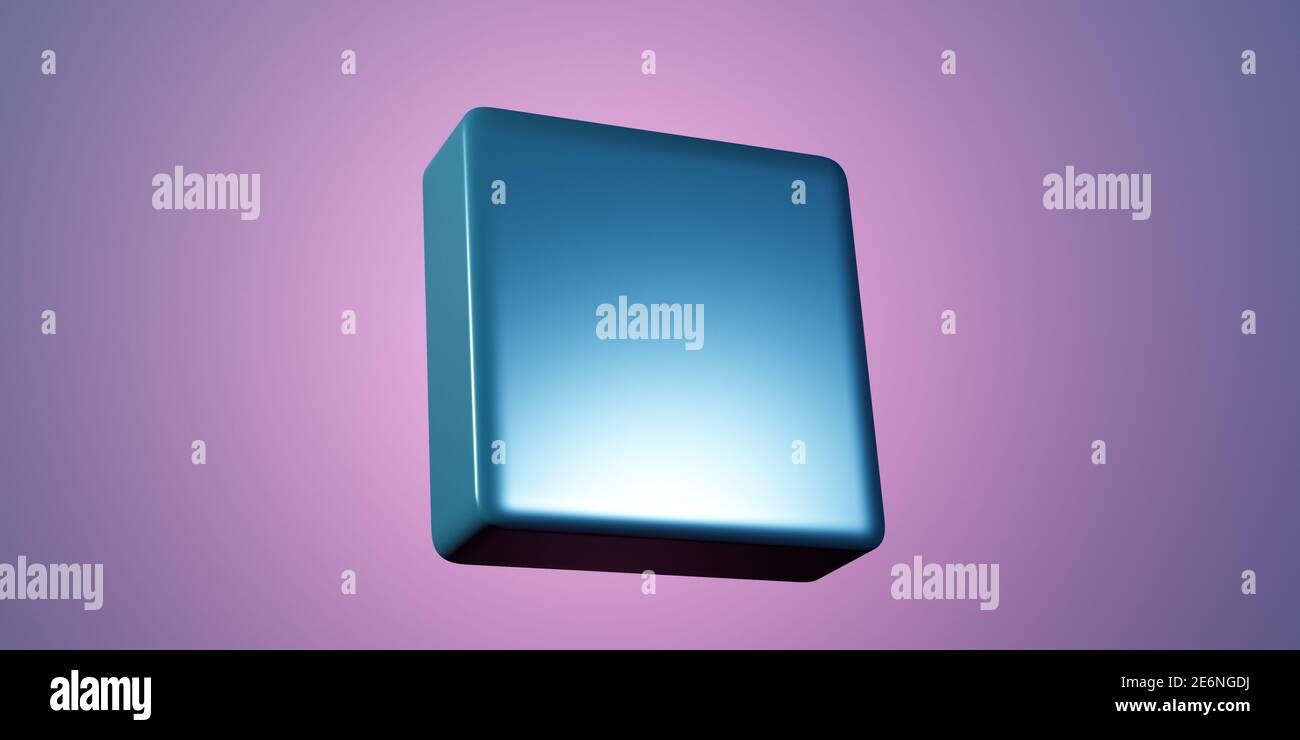 Blue metallic shiny 3D tab, cube or tile, floating against purple ...