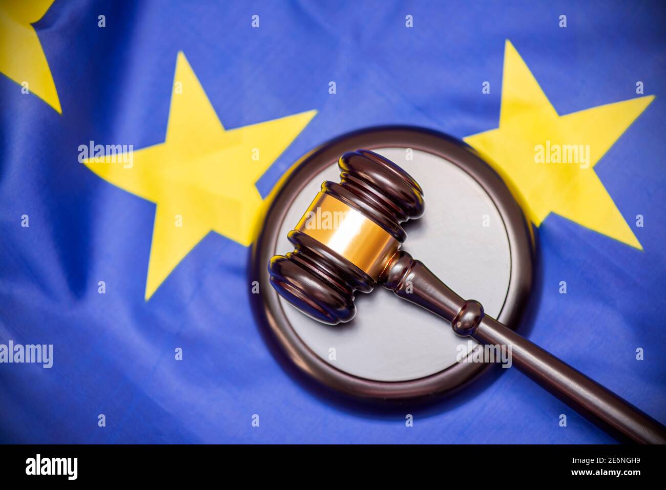 Flag of European Union and judges wooden gavel on the top, concept ...