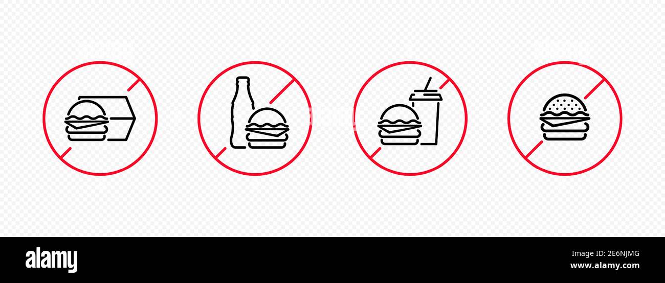No fast food icon set. Prohibition sign. Forbidden unhealthy eating ...