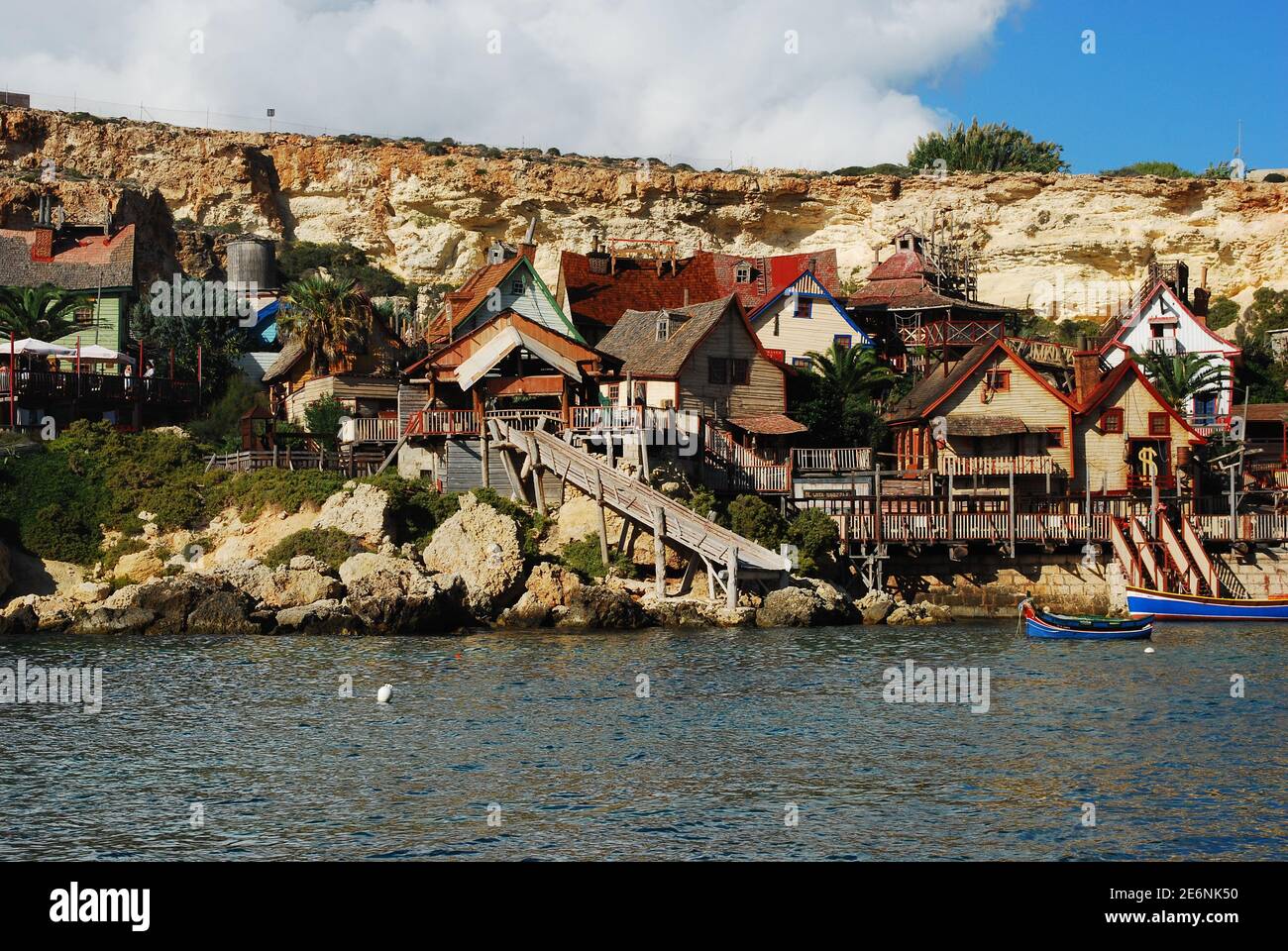 Tourist attraction Popeye village scene near Anchor bay in Maltese ...