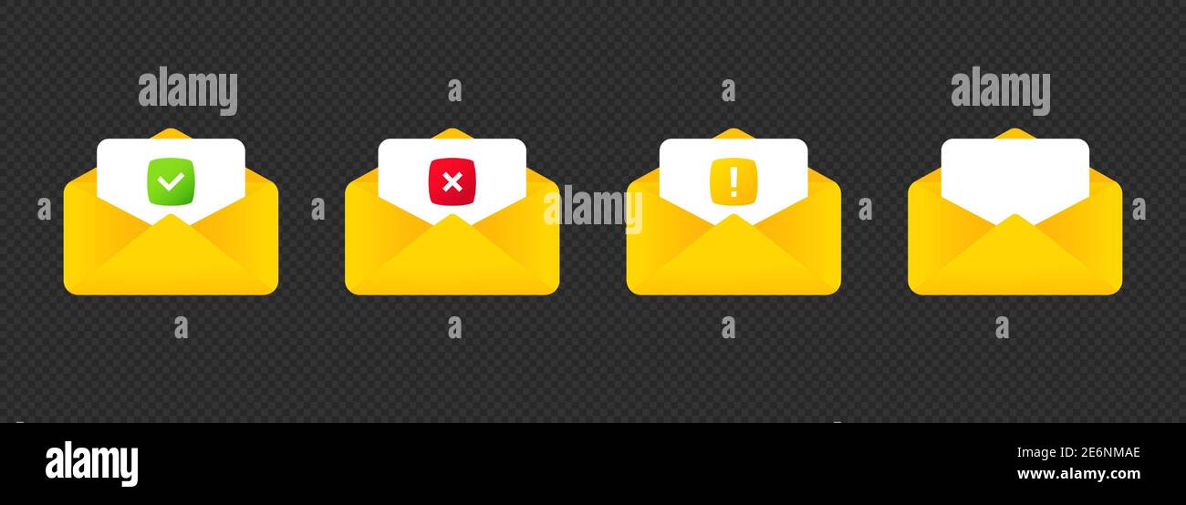 Open envelope containing check mark, exclamation mark and cross mark or ...