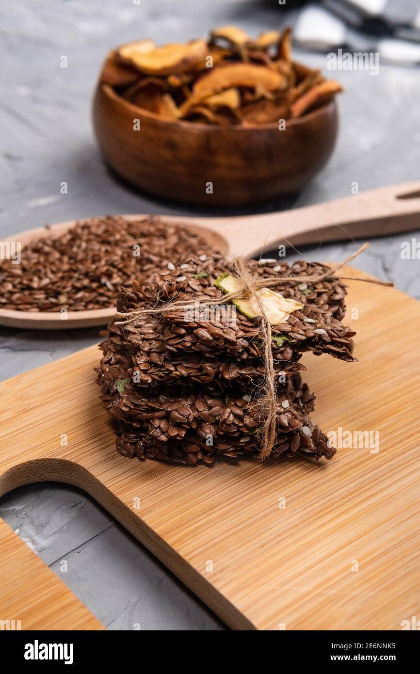 Vegan crackers, flax seeds, Healthy Food. Superfood dried fruit snacks ...
