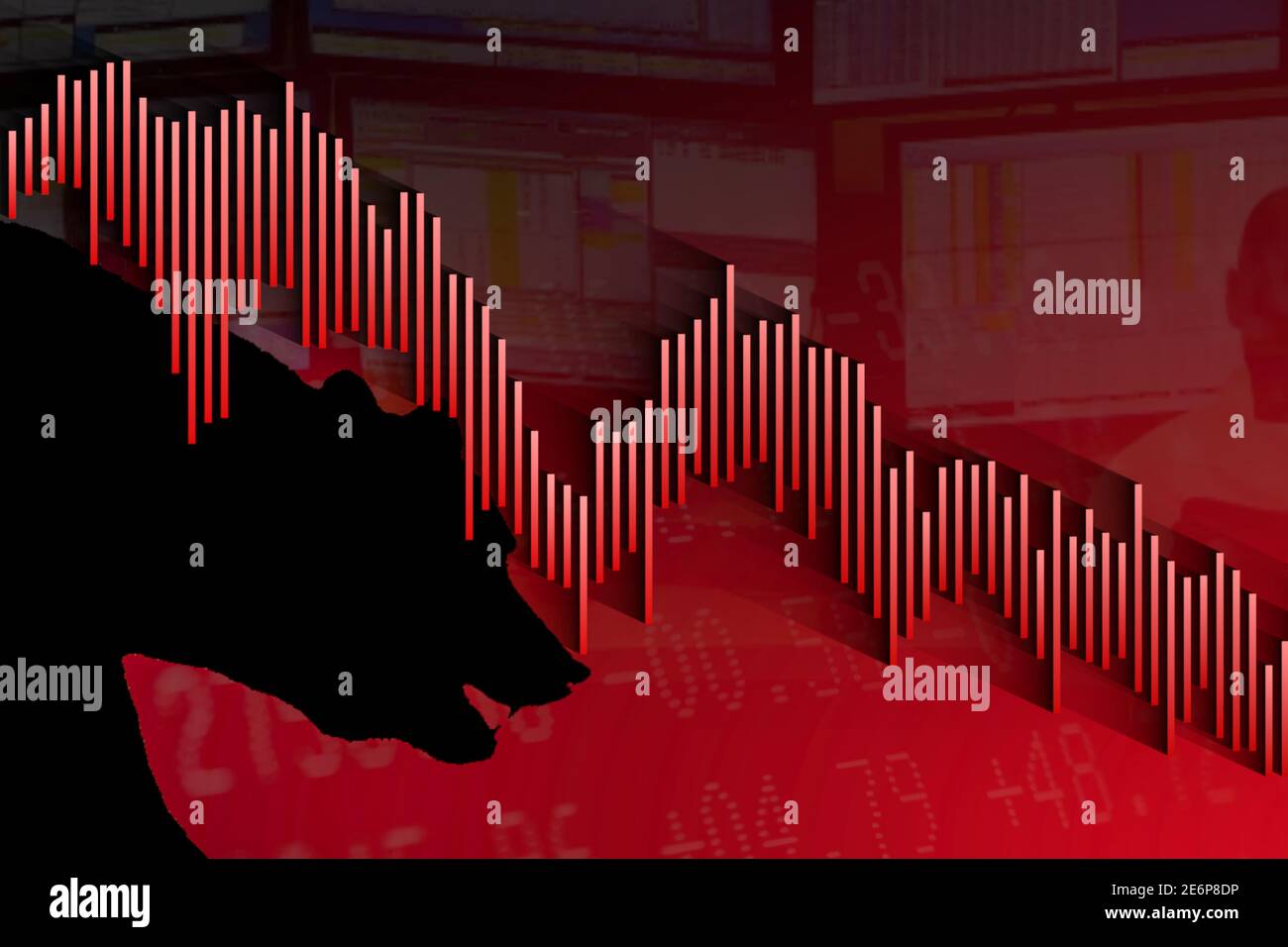 A bearish stock market with a red background. The red bar chart with a ...