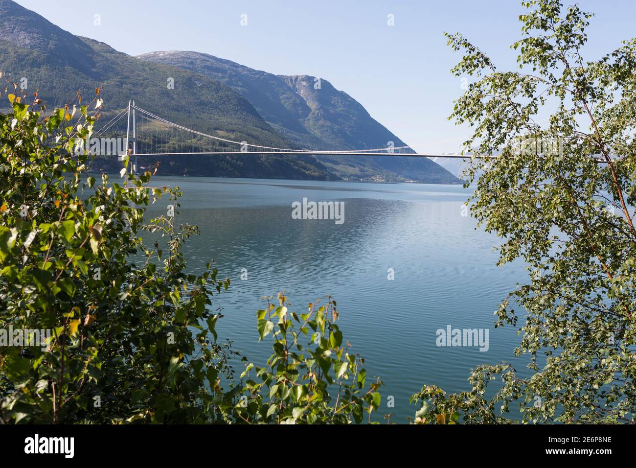 The great suspension bridge Hardangerbrua across the Eidfjorden in ...