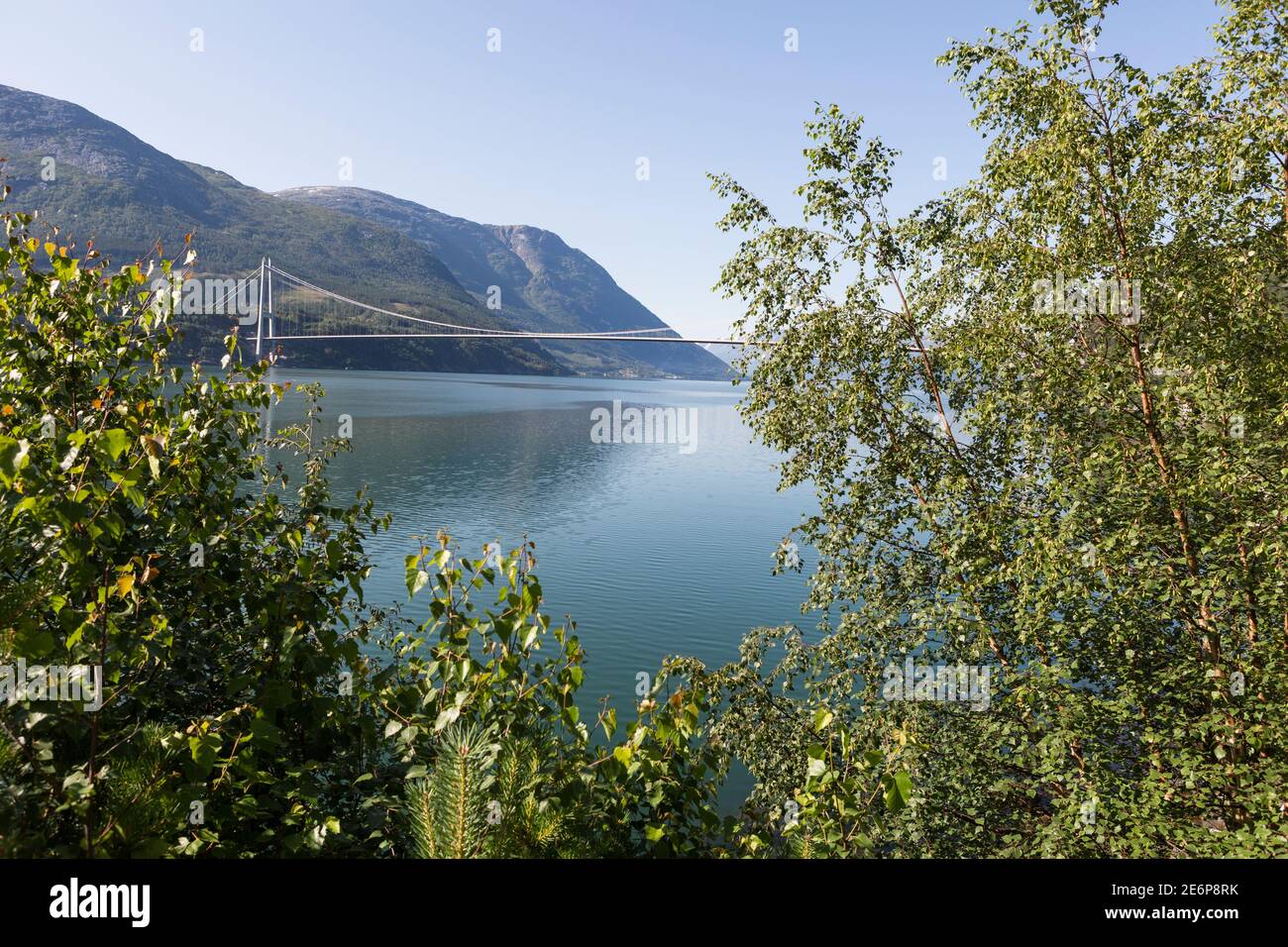 The great suspension bridge Hardangerbrua across the Eidfjorden in ...