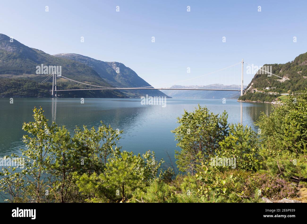 The great suspension bridge Hardangerbrua across the Eidfjorden in ...