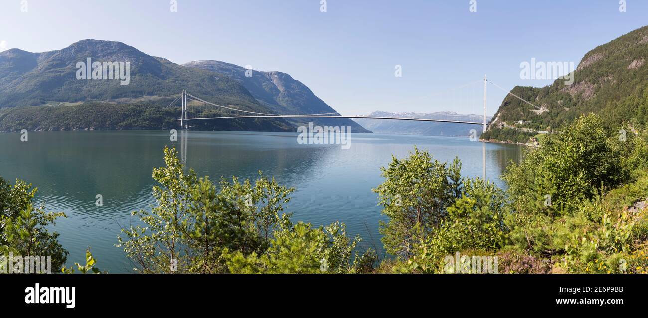 The great suspension bridge Hardangerbrua across the Eidfjorden in ...