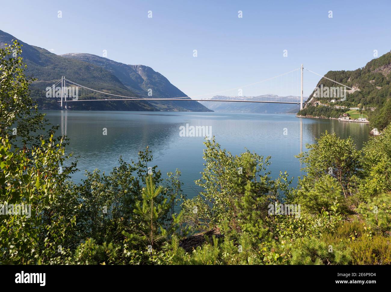 The great suspension bridge Hardangerbrua across the Eidfjorden in ...
