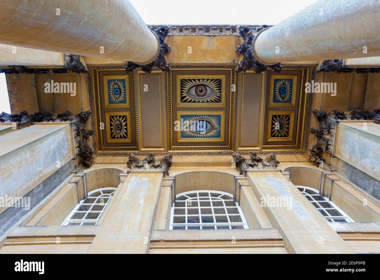 Paintings of six eyes by Colin Gill on the ceiling of the North portico ...