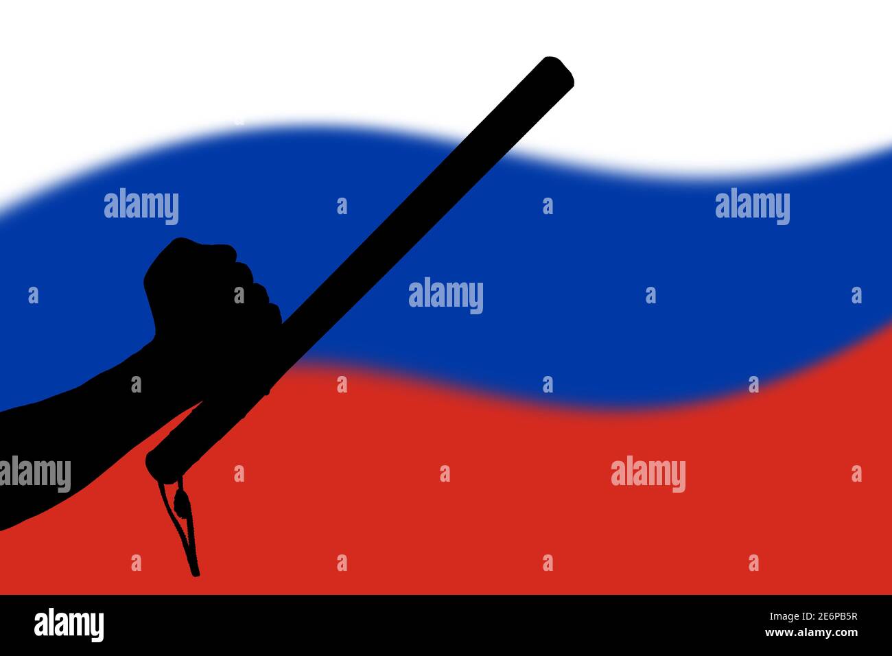 hand with police tonfa rubber stick silhouette and blurry russian flag ...