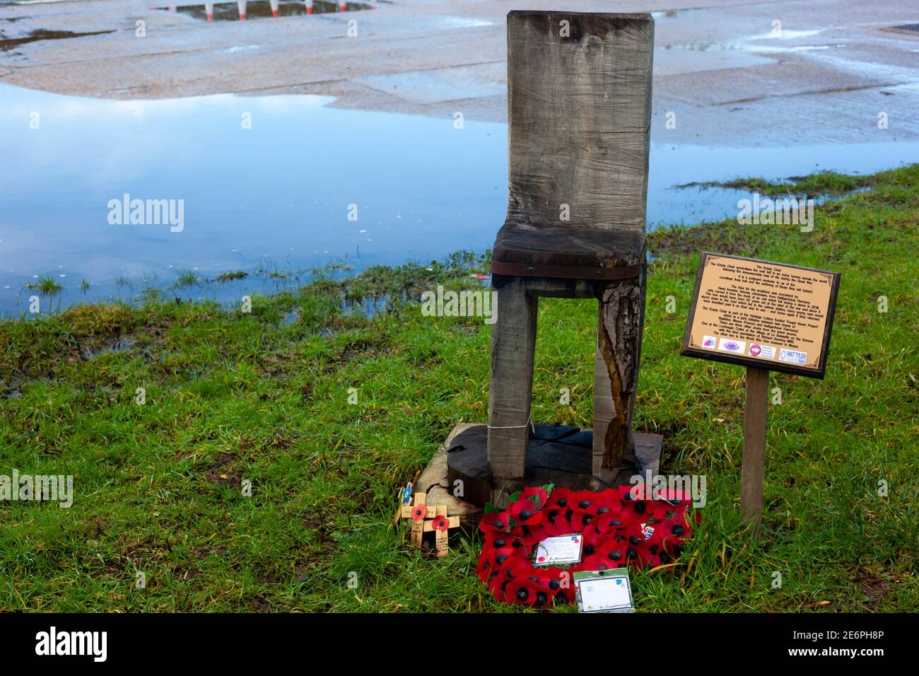 View of The Empty Chair Carved Memorial and Rememberance Day Poppies ...