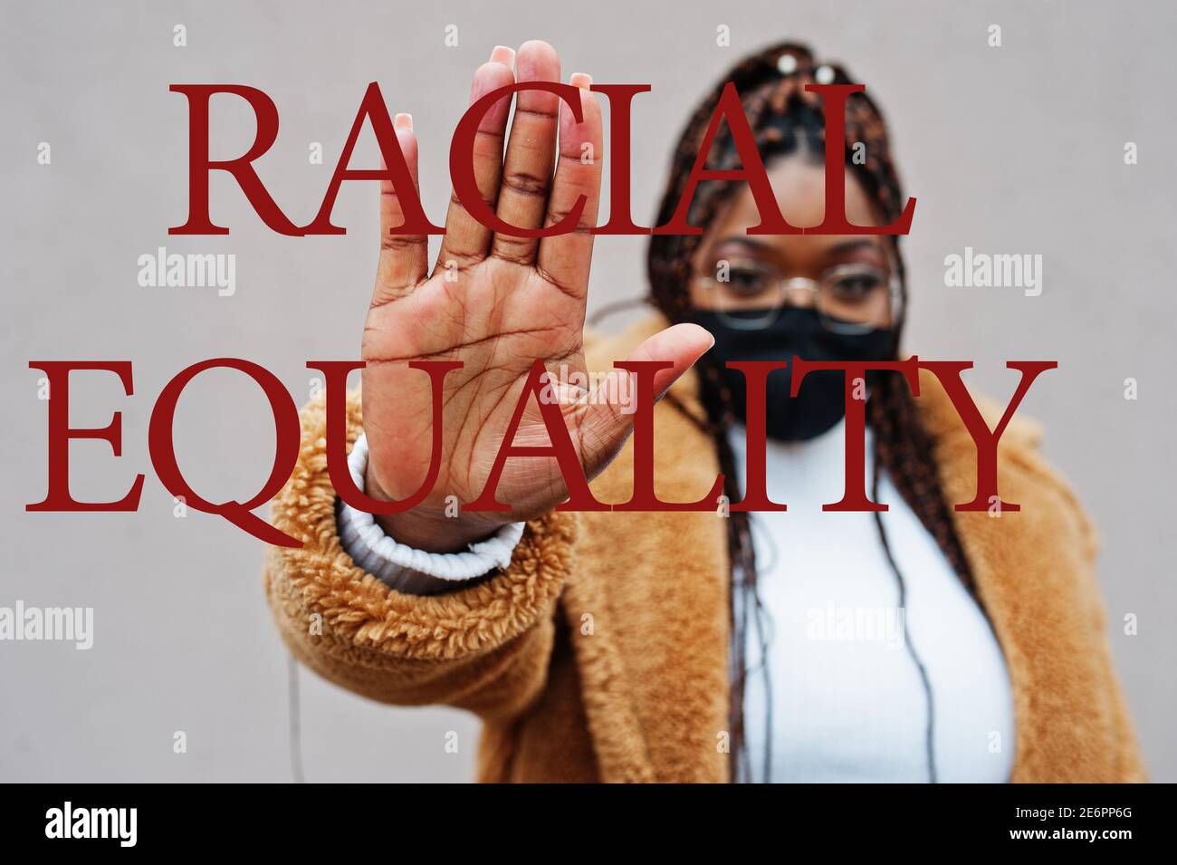 Racial equality. African american woman, wear black face mask show stop ...