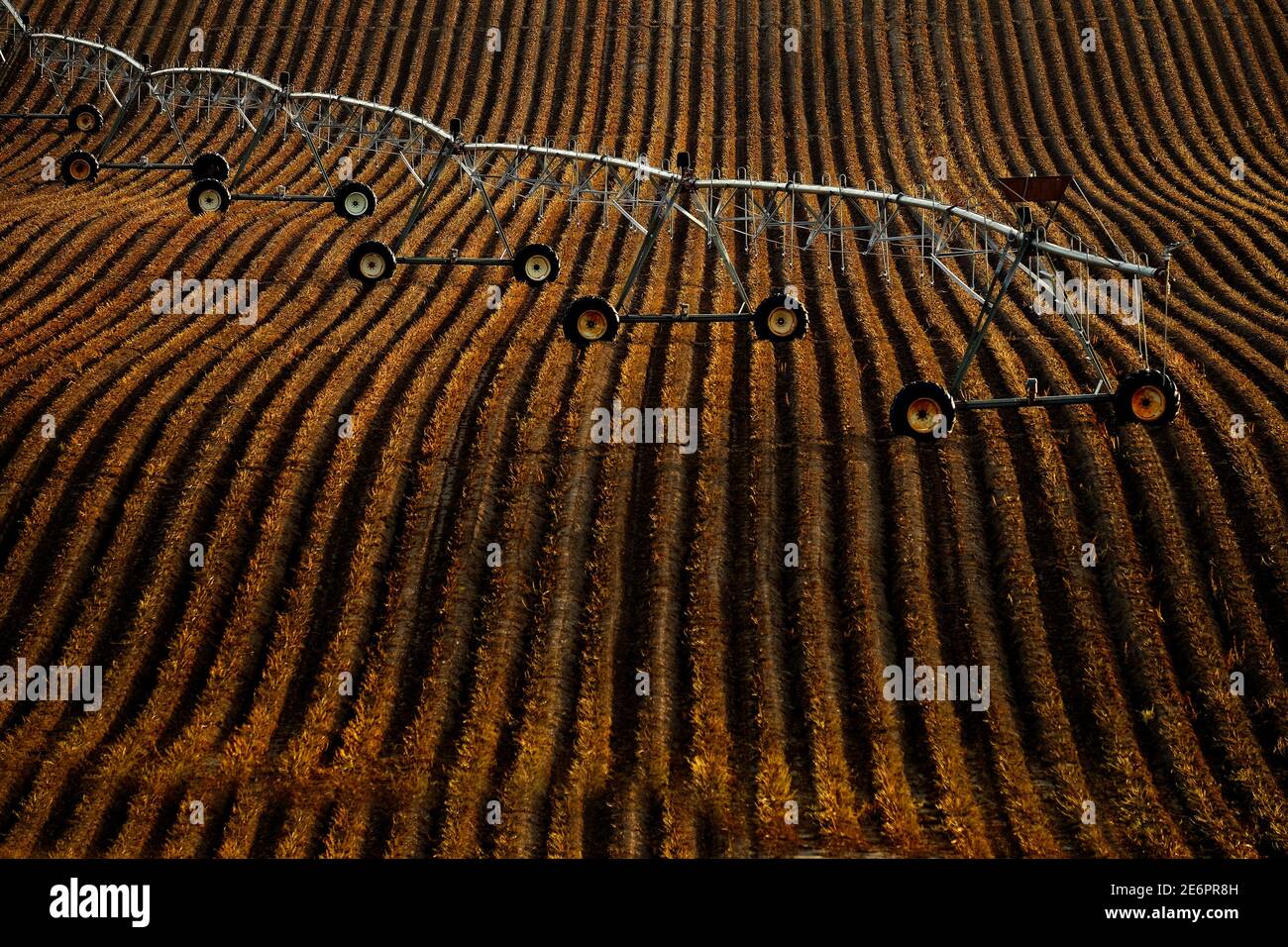 Pivot irrigation water line equipment on rich furrowed farm ground ...