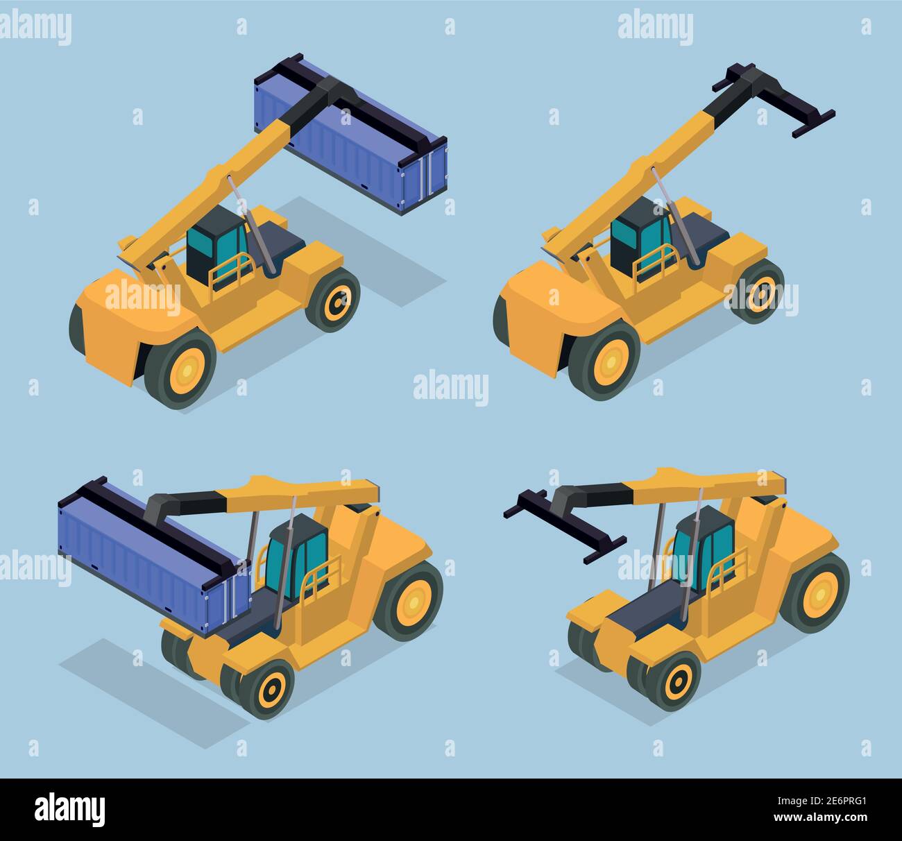 Vector isometric illustration of reach stacker. Front and back sides of ...