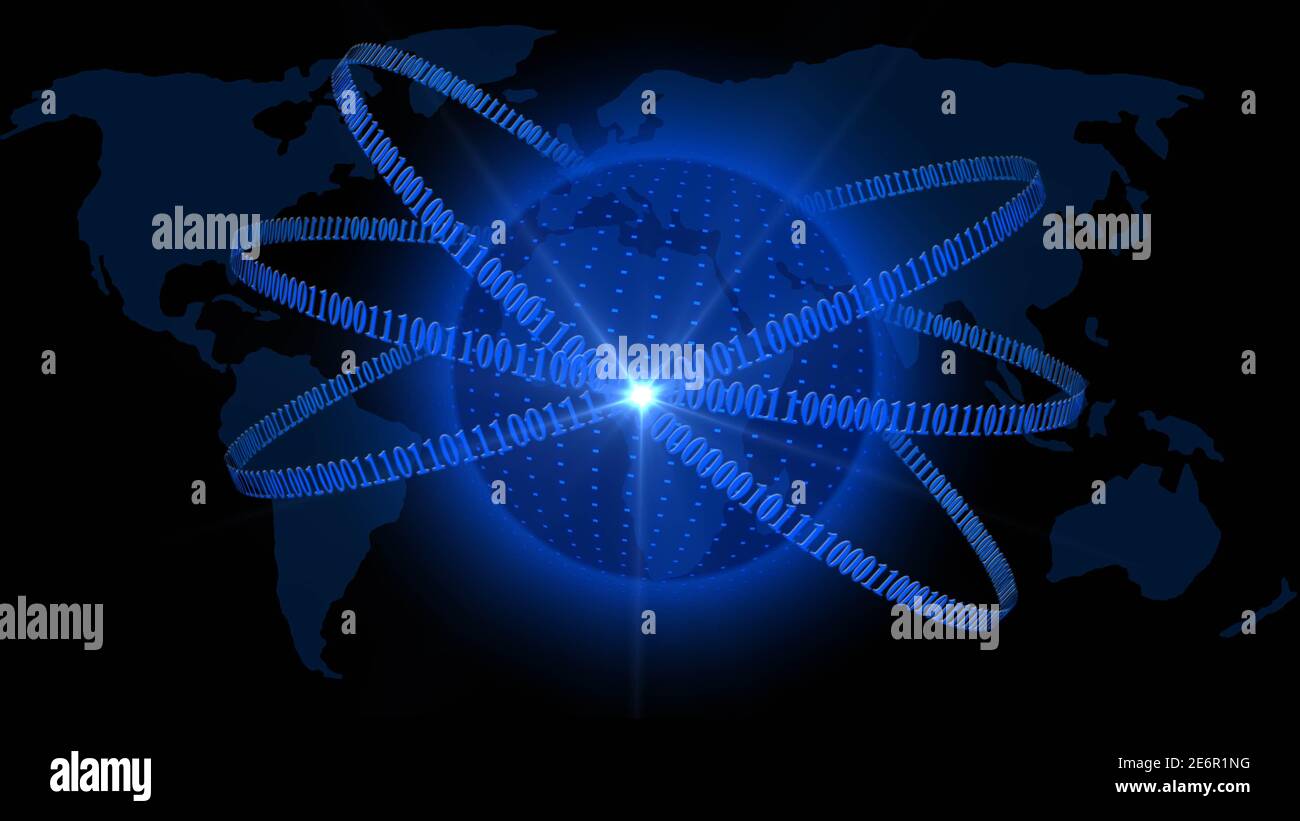 Abstract digital earth encircled by binary code lines on blurred world ...