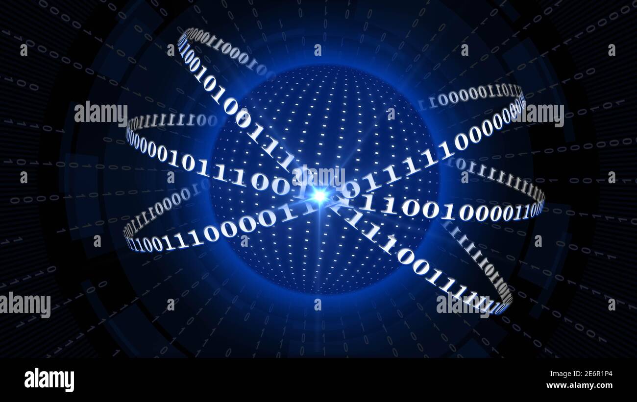 Abstract digital earth encircled by binary code lines with binary rays ...