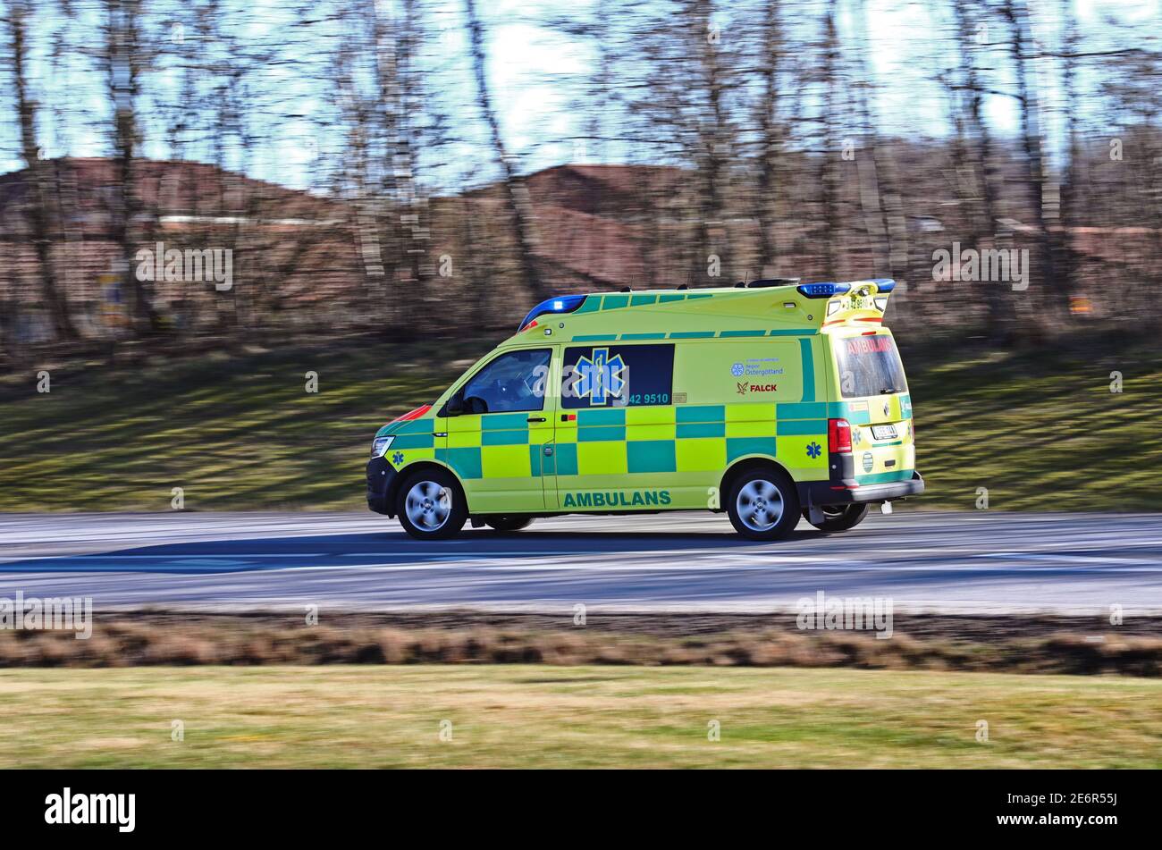 LINKÖPING, SWEDEN- 14 MARCH 2020:An ambulance during an emergency call ...