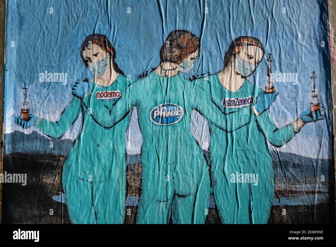 Barcelona, Spain. 29th Jan, 2021. A graffiti of the three vaccines ...