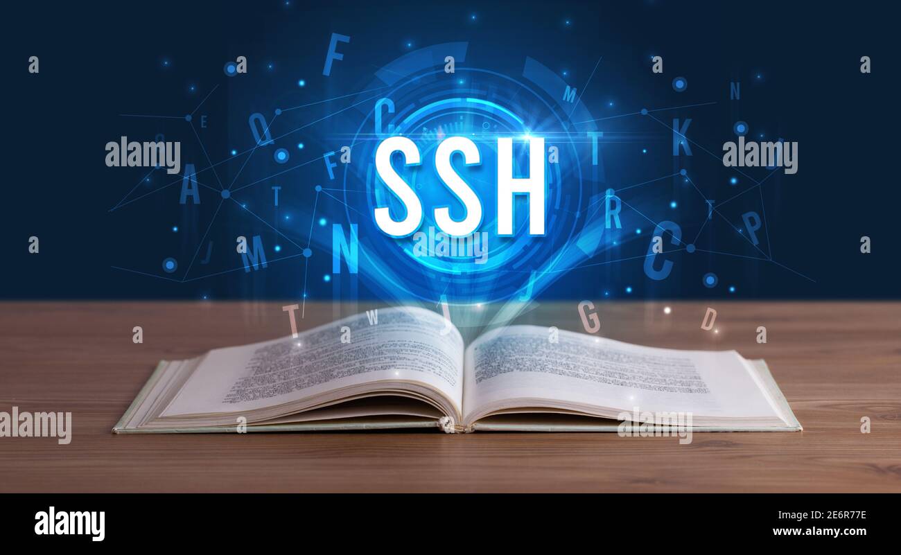 SSH inscription coming out from an open book, digital technology ...