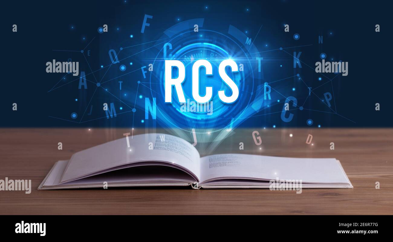 RCS inscription coming out from an open book, digital technology ...