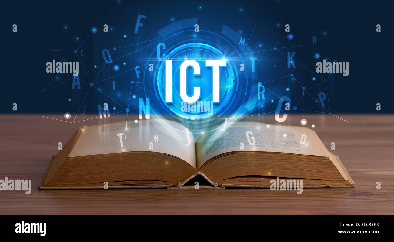 ICT inscription coming out from an open book, digital technology ...