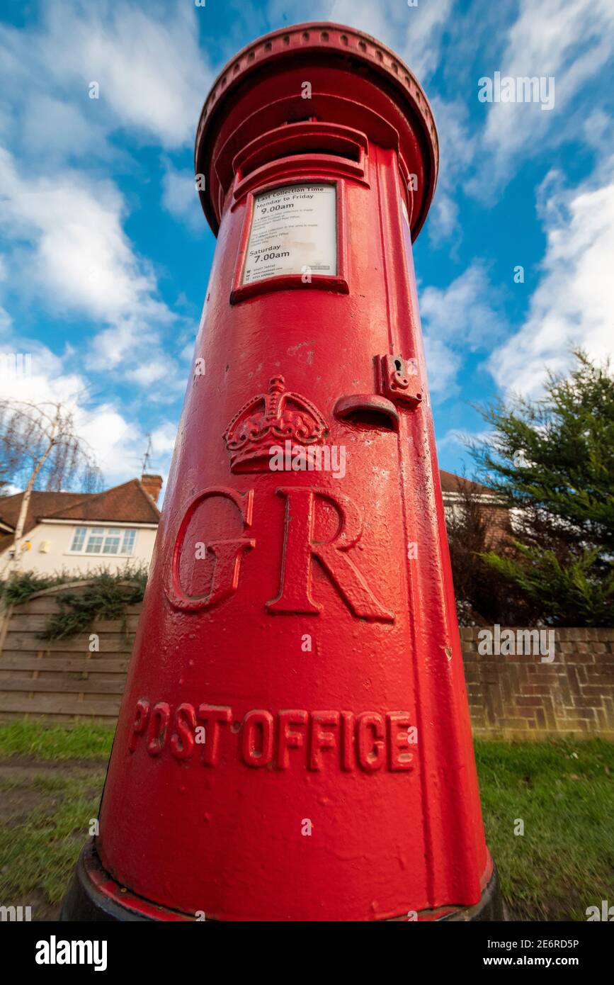English GR cast iron red pillar box black base not shown- royal cypher ...