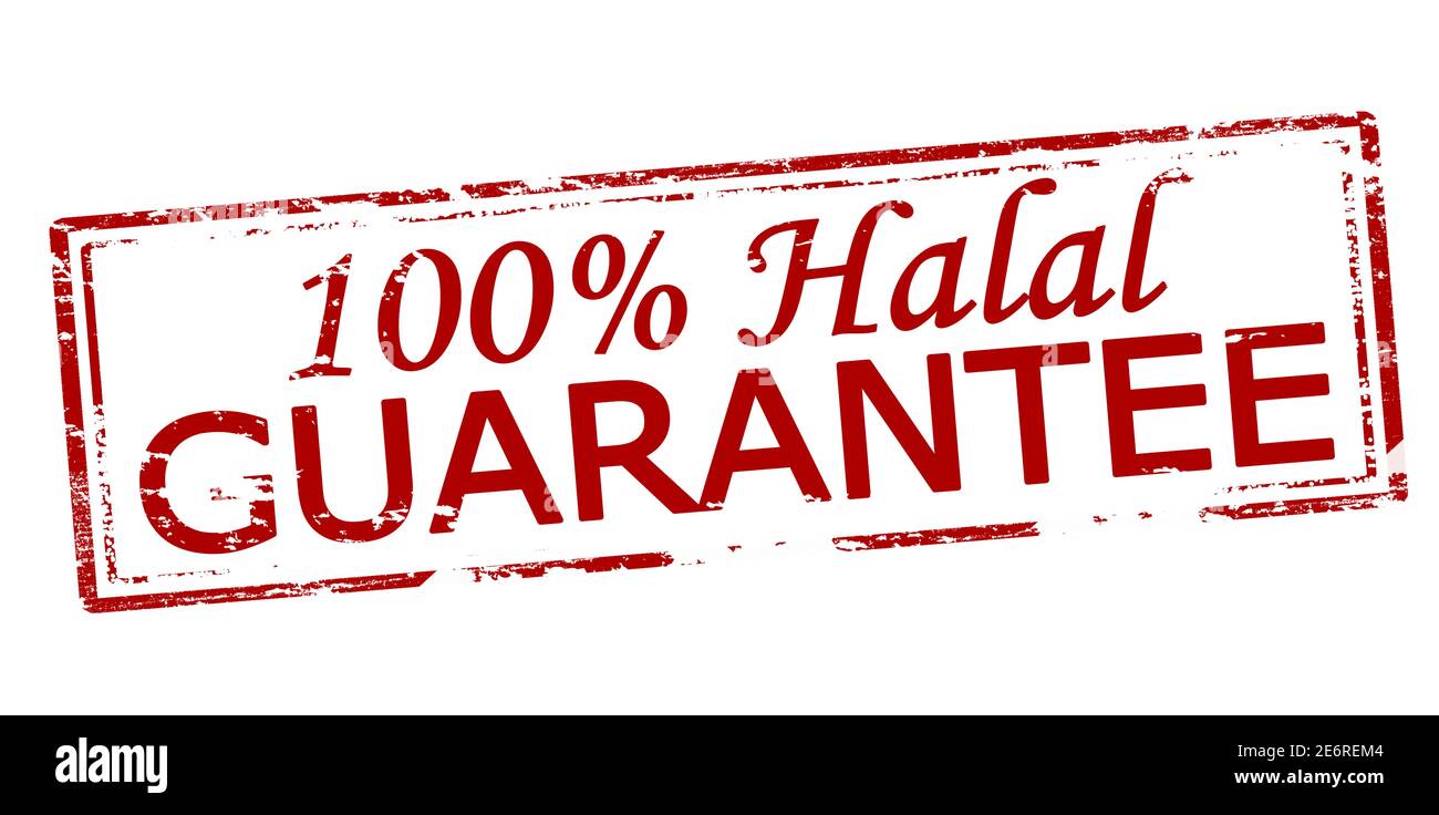 Rubber stamp with text one hundred percent halal guarantee inside ...