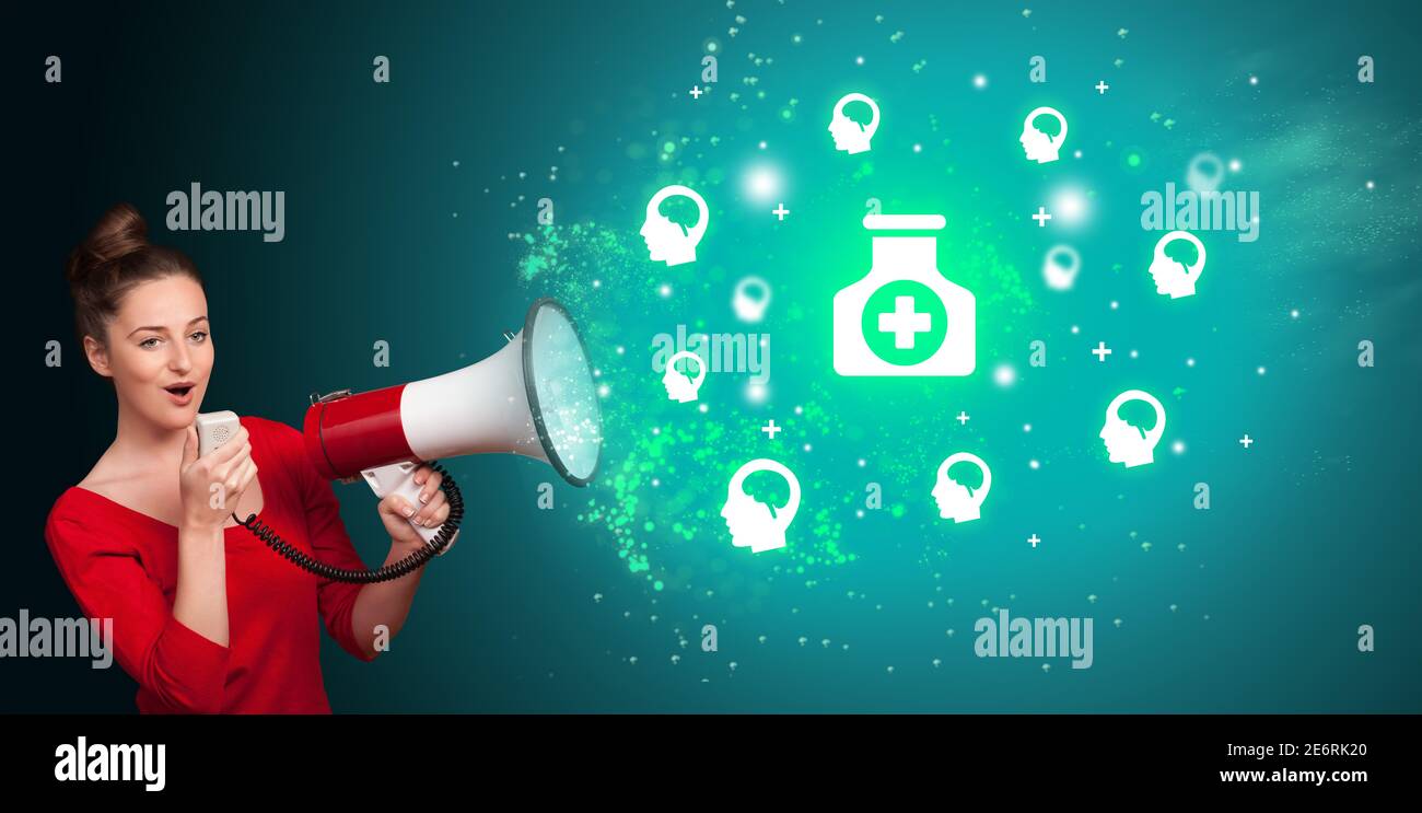 Young person shouting in megaphone and medication icon, medical concept ...