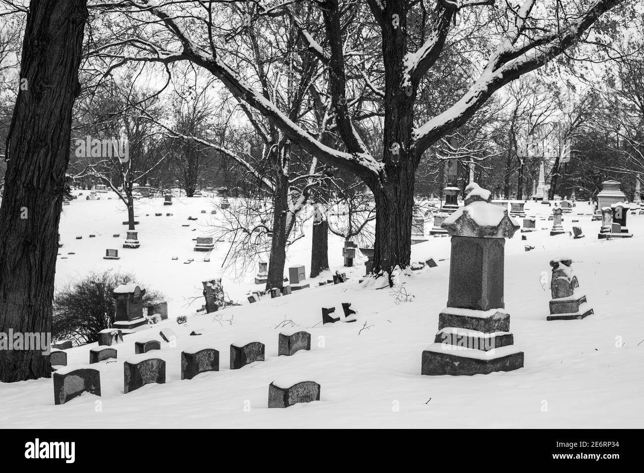 Forest Home cemetery in Milwaukee black and white snow covered Stock ...