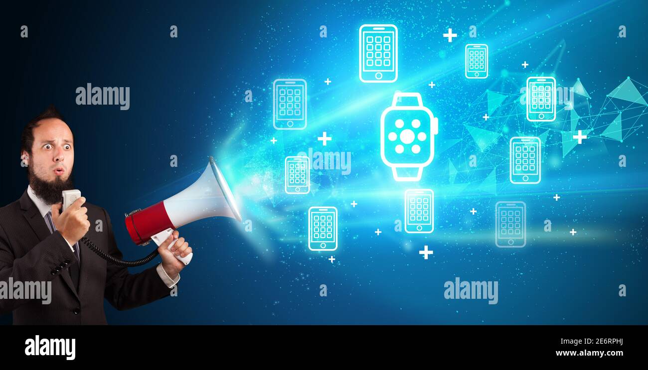 Young person yelling in loudspeaker with smartwatch icon, modern ...