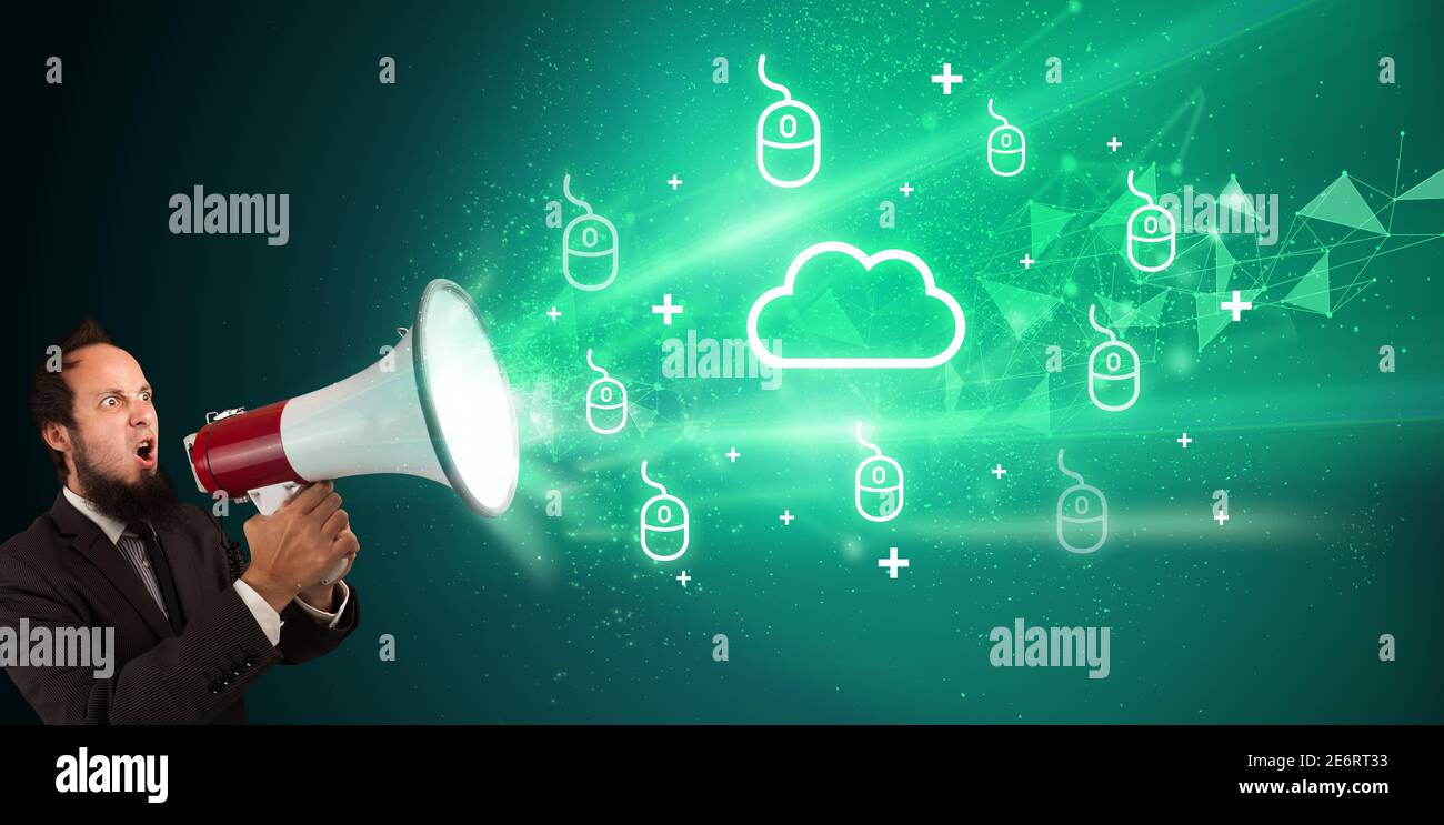 Young person yelling in loudspeaker with cloud icon, modern technology ...