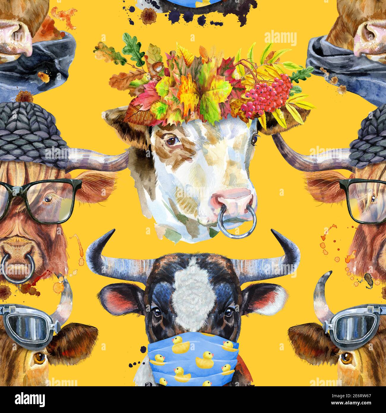 Bull watercolor graphics. Seamless pattern. Bull animal illustration ...