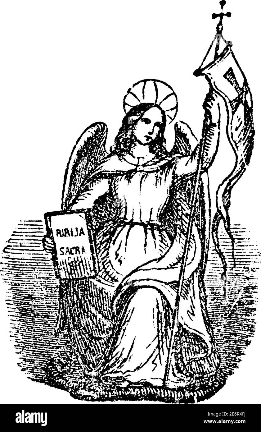 Angel holding flag and holy bible. Antique vector vintage christian ...