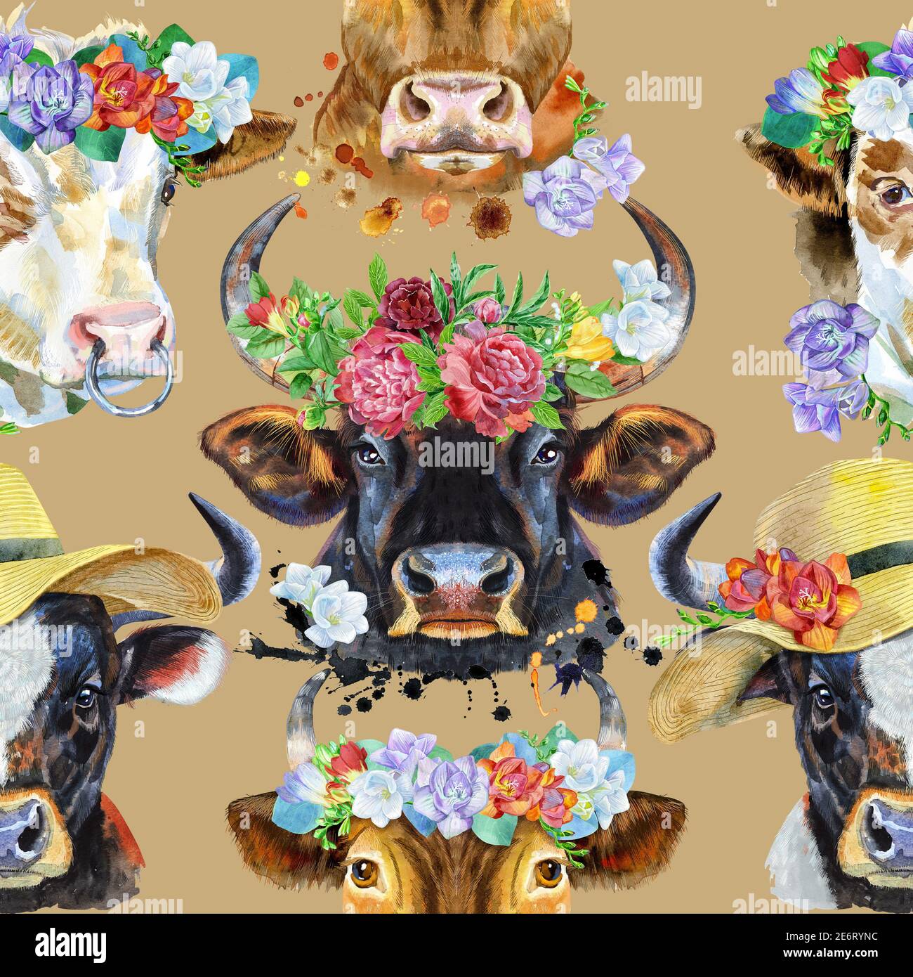 Bull watercolor graphics. Seamless pattern. Bull animal illustration ...