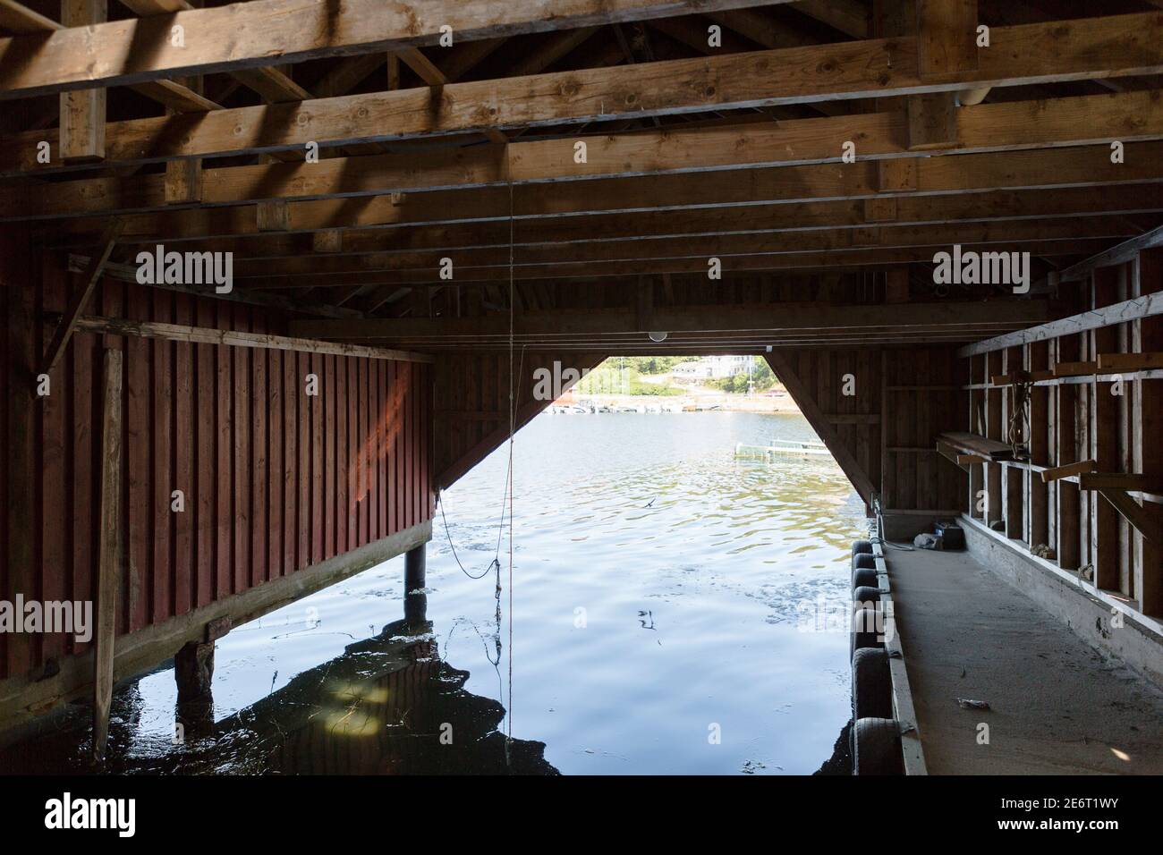 Inside a boathouse at the port of the fishing village Svenevig in ...