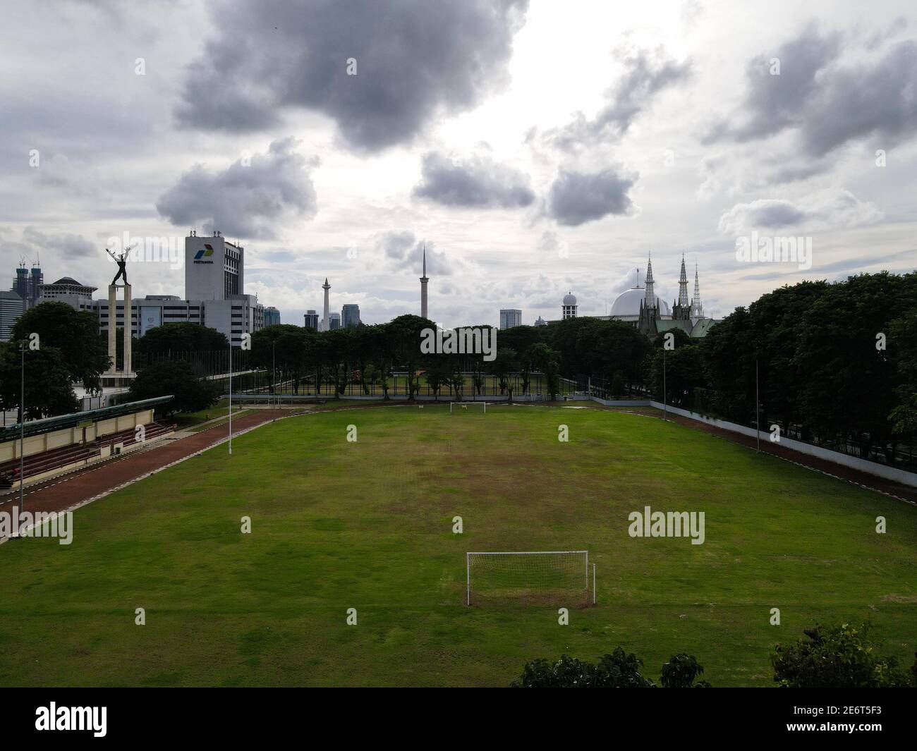 Aerial view of football stadium in Lapangan Banteng, Indonesia. Sunset ...