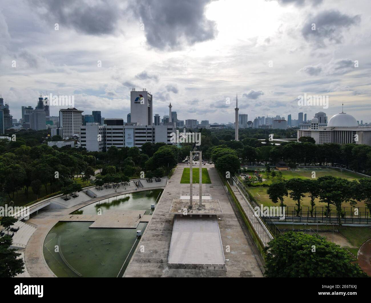 Aerial view of West Irian Liberation monument in downtown Jakarta and ...