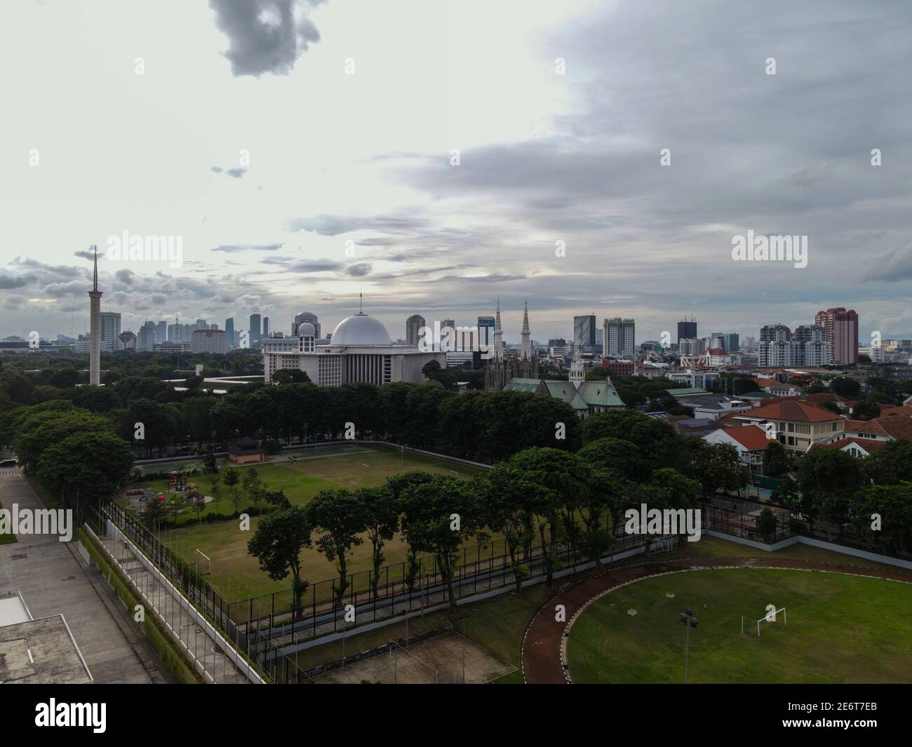 Aerial view of Jakarta cathedral and Istiqlal Mosque. It is the largest ...