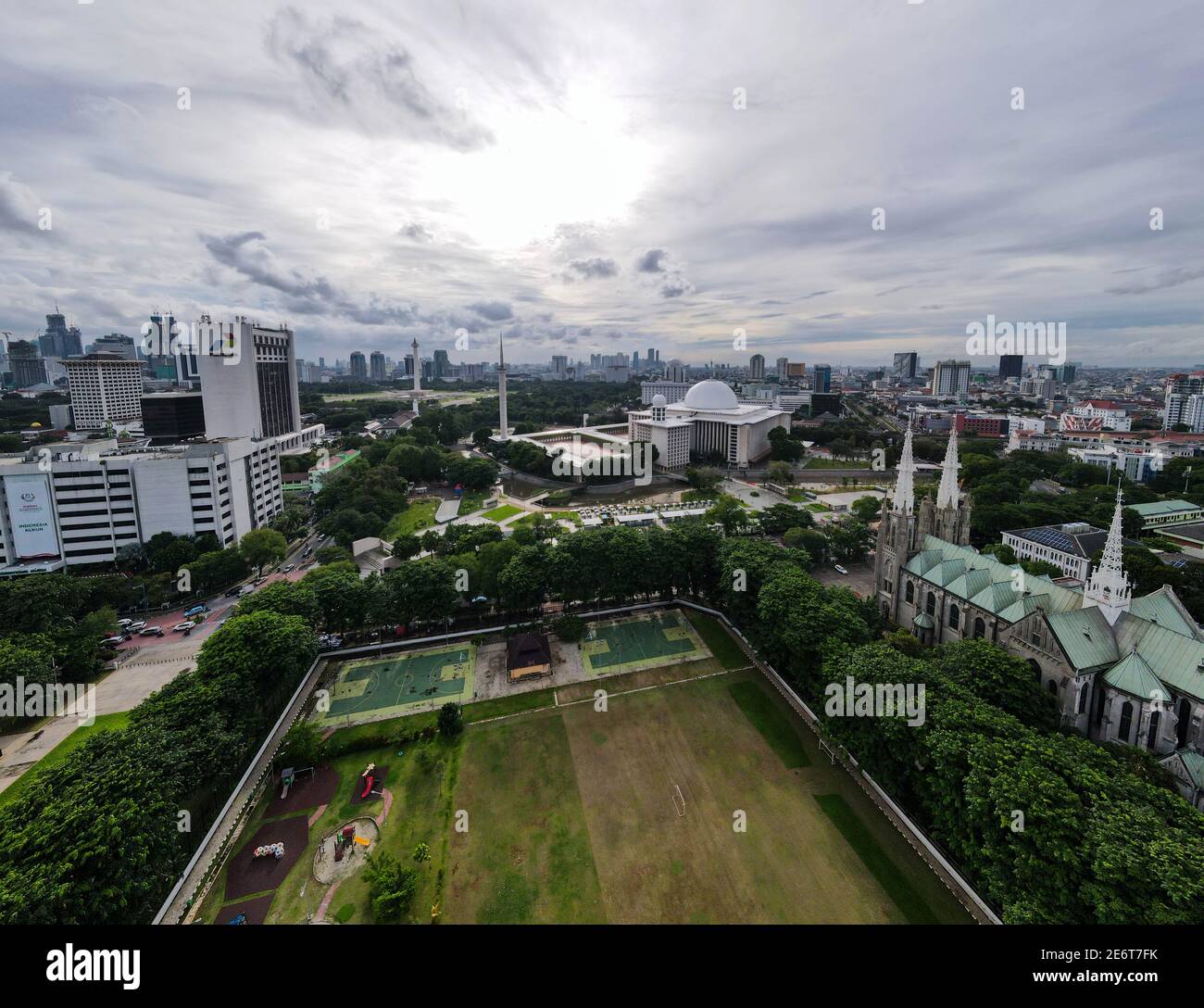 Aerial view of Jakarta cathedral and Istiqlal Mosque. It is the largest ...