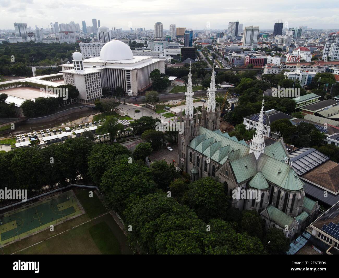 Aerial view of Jakarta cathedral and Istiqlal Mosque. It is the largest ...
