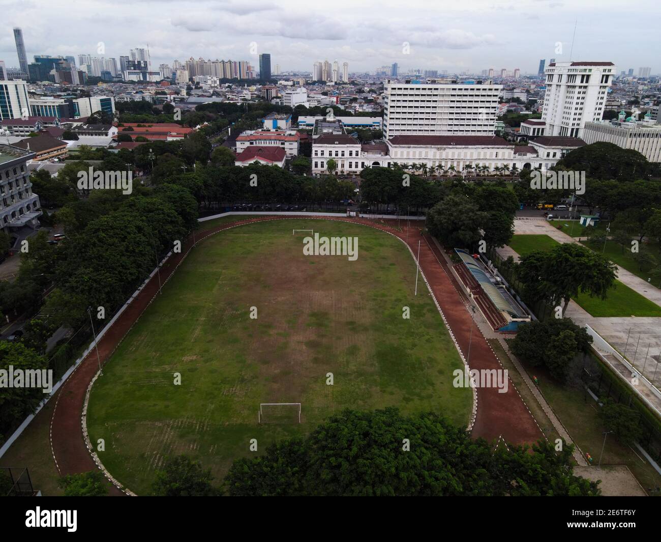 Aerial view of football stadium in Lapangan Banteng, Indonesia. Sunset ...
