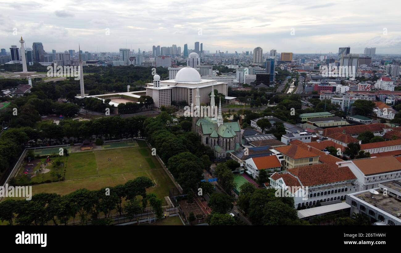 Aerial view of Jakarta cathedral and Istiqlal Mosque. It is the largest ...