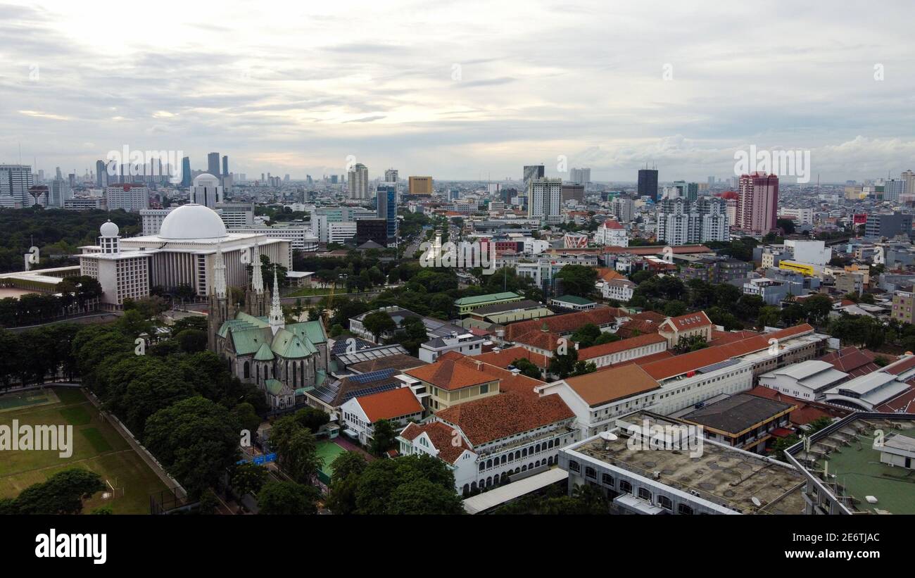 Aerial view of Jakarta cathedral and Istiqlal Mosque. It is the largest ...