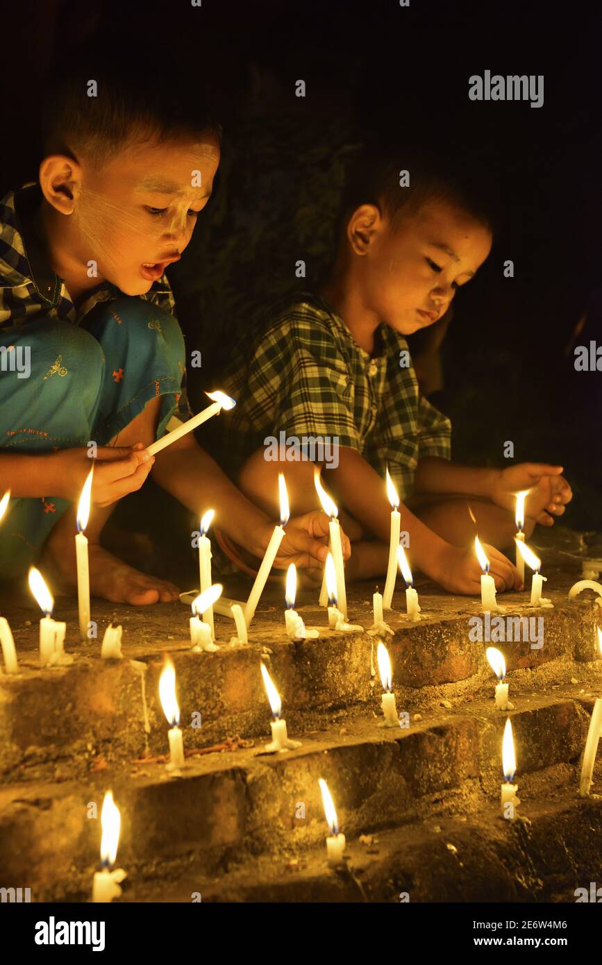 Myanmar (Burma), Bagan, Thadingyut festival of lights, Young kids ...